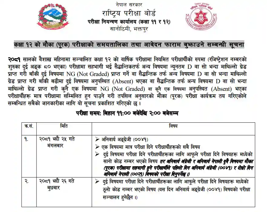 NEB Grade Improvement Exam 2081: Re-Exam Of Class 12, Application Form ...